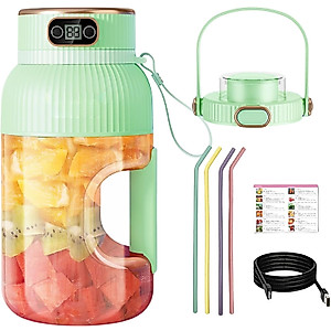 Multifunctional Portable Juicer Cup with Digital Display， Fruit Mixers Juicers Electric Juicer, Wireless Portable Blender Rechargeable for Shakes and Smoothies (Single bottle with two caps, Green)