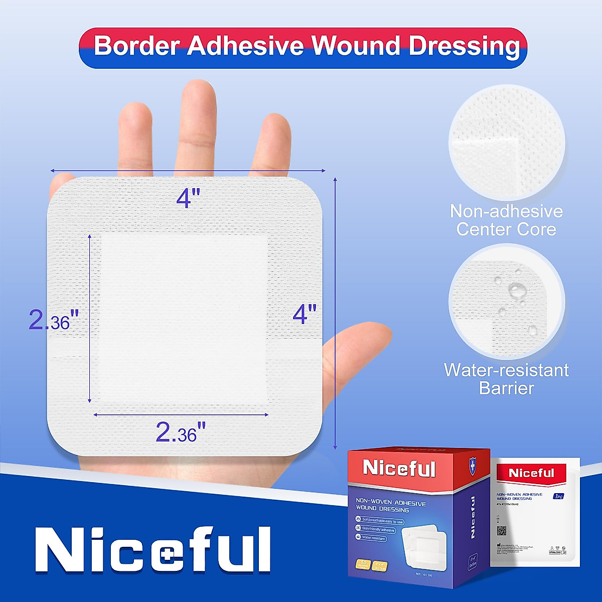 Niceful 50Pcs Adhesive Gauze Island Dressing 4"x4", Water-Resistant Wound Dressing, Sterile & Absorbent Medical Grade Dressing Pad First Aid Dressing Pads