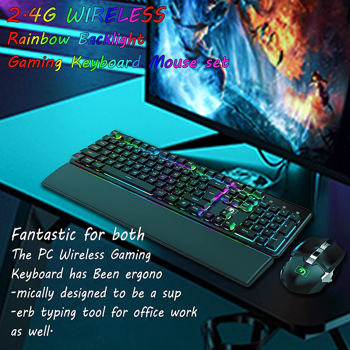 Wireless Gaming Keyboard Mouse and Wrist Rest Combo Rainbow Backlight Silent Mechanical Feel Keyboard with 7 Color Breathing Mute Mice Memory Foam Cushion Hand Rest for Computer PC Gamer