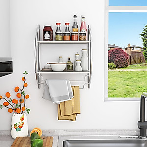 Giantex Bathroom Shelf with Towel Rack - 2 Tier Rustproof Over The Toilet Storage Shelf with Double Towel Bars, 18" W X 10" D X 22" H, Wall Mount Chrome Towel Holder for Living Room, Kitchen (Silver)