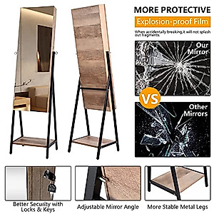 LVSOMT 3 LEDs Full Length Mirror Jewelry Cabinet, Standing Mirror with Jewelry Storage, Large Lockable Armoire for Necklaces, Earrings, Cosmetic Storage, Brown