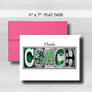 Personalized Cheerleading Green Coach Thank You Card, 5"x 7" FLAT CARD, Greeting Cards