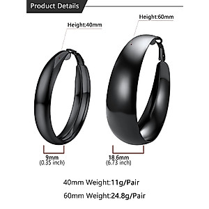 U7 Black Hoop Earrings 40mm Click-top European Style Chic Stainless Steel Loop Earrings|Womens Chunky Hoops with Sterling Silver Post
