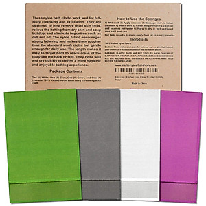 Extra Long (36 Inches) Exfoliating Bath Cloth/Towel (4 Pack) Gray, White, Green, and Lavender Nylon Bath Cloth/Towel, Stitching on All Sides for Added Durability