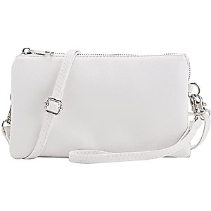 B BRENTANO Vegan Leather Multi-Pocket Interchangeable Crossbody Purse to Clutch with Card Slots, Removable Wristlet Strap and Adjustable Shoulder Strap (White Silver)