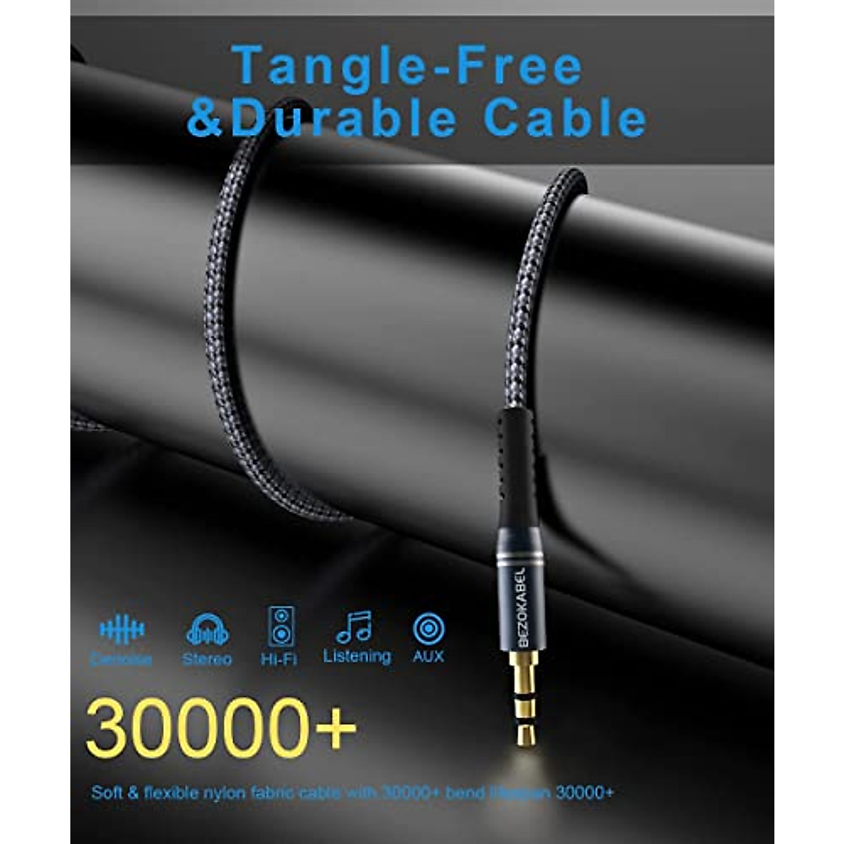 3.5mm Audio Cable, Audio Cable Male to Male 4ft, BEZOKABLE Nylon Braided Aux Cable Auxiliary Cable Hi-fi Sound for Car, Headphones, Home Stereos, Speakers, Tablets, iPhone iPad