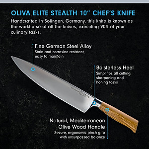 Messermeister Oliva Elite Stealth 10” Chef’s Knife - Fine German Steel Alloy Blade & Natural Mediterranean Olive Wood Handle - Rust Resistant & Easy to Maintain