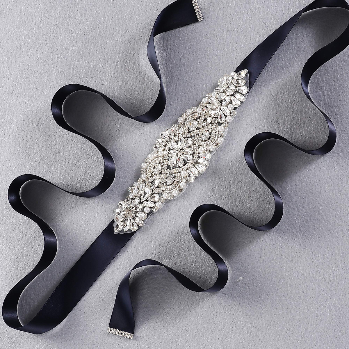 yanstar Silver Crystal Beads Rhinestone Wedding Bridal Belt Sash With Navy Ribbon For Wedding Dress