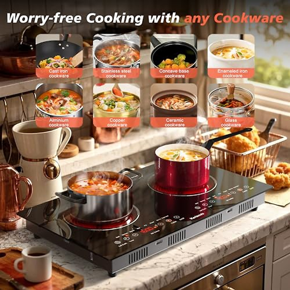 Karienvir 2 Burner Electric Cooktop 110v, 24 Inch Electric Stove Countertop & Built-in, Plug-in Electrics Cooktop, 8 Power Levels & 8 Functions, Touch Control, Safety Lock, Timer, 2000W, Karienvir