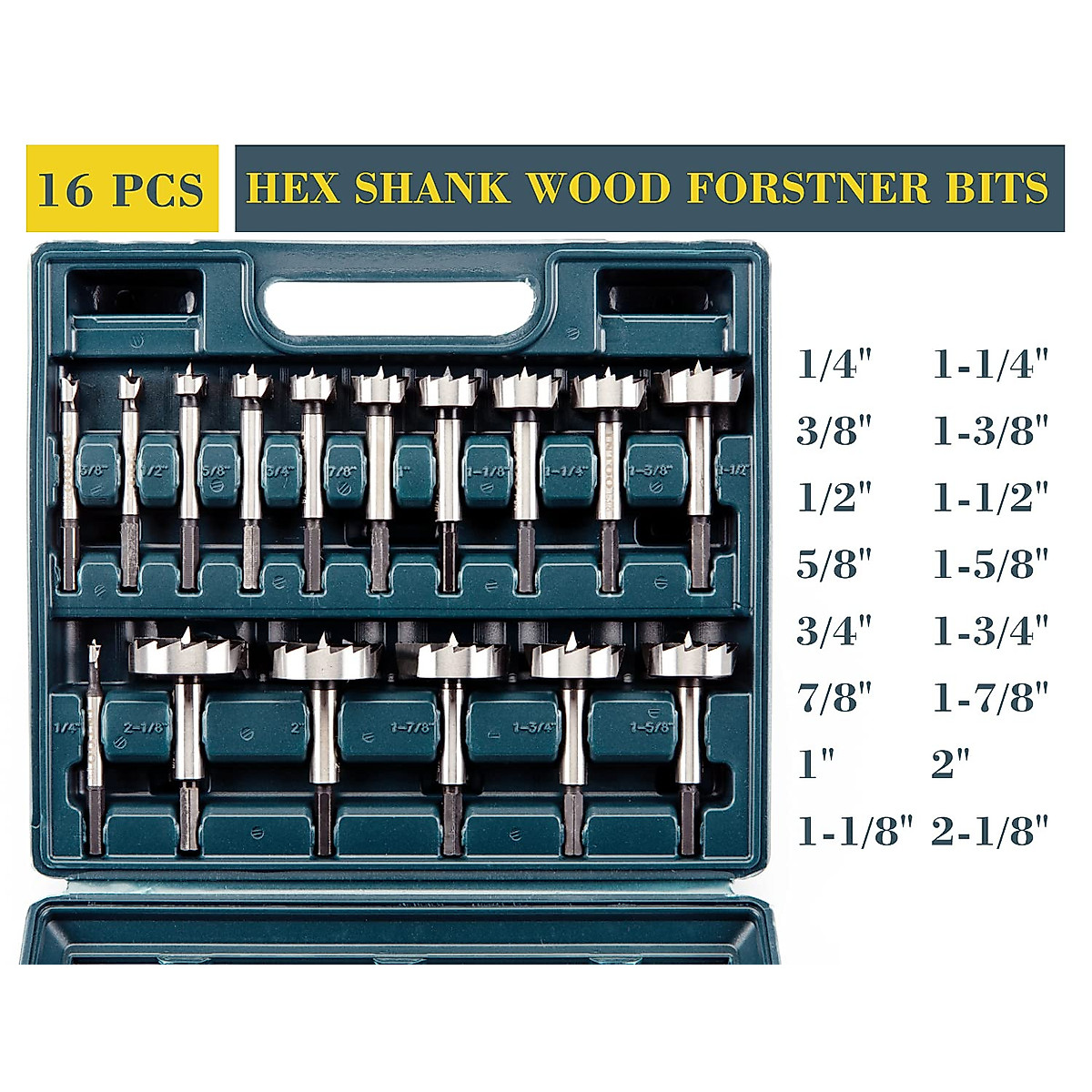 INTOO Hex Shank Forstner Bit Set 16 pcs Multi Sided Shank Wood Drill bit Set