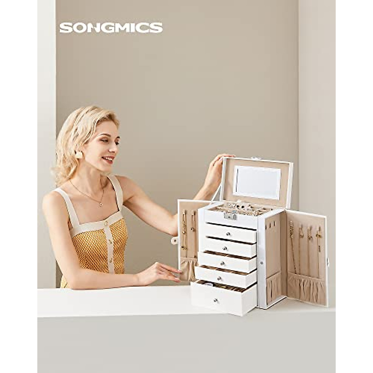 SONGMICS 6 Tier Jewelry Box, Jewelry Case with 5 Drawers, Large Storage Capacity, with Mirror, Lockable, Jewelry Storage Organizer, Gift for Loved Ones, For Watches, White UJBC152W01