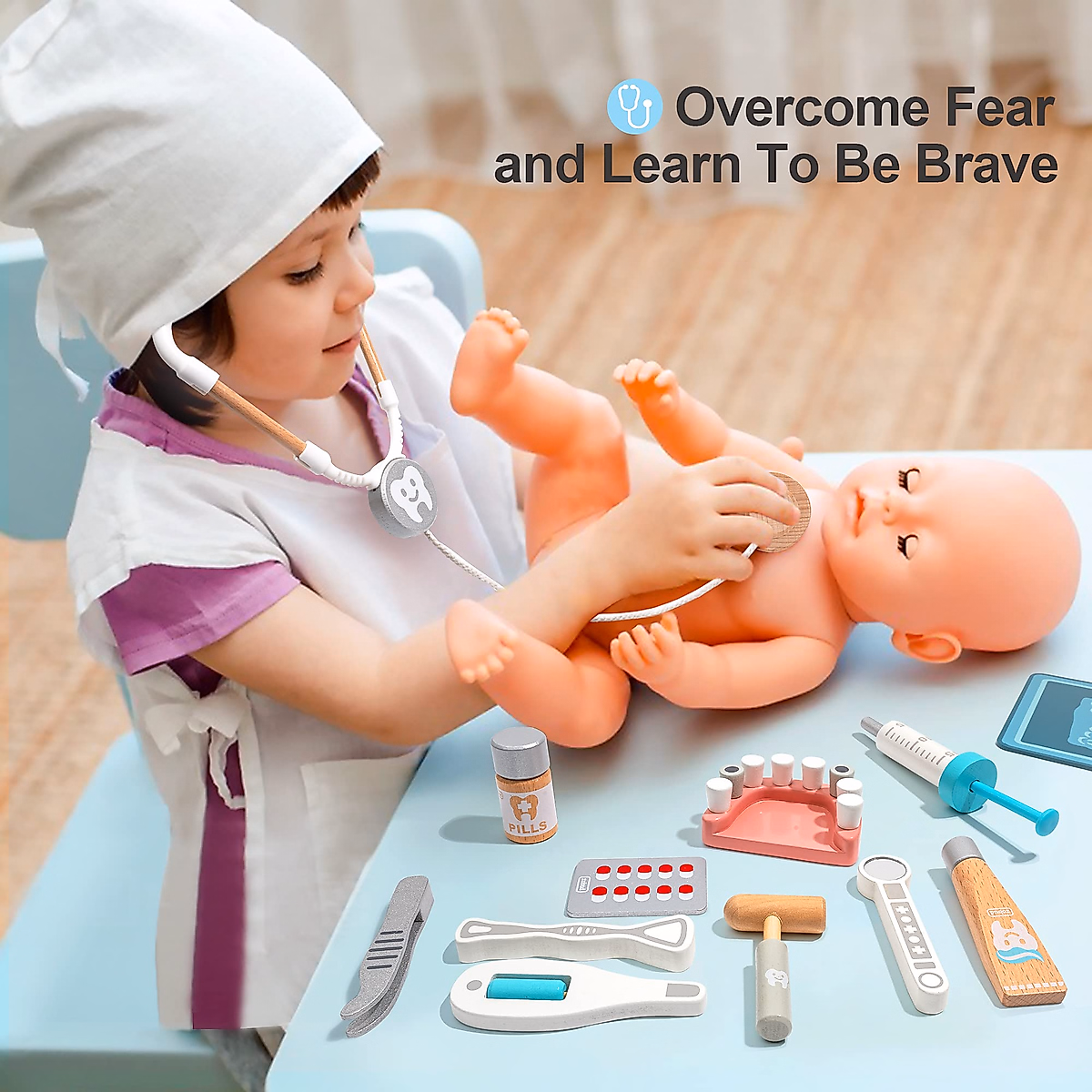 ROBUD Doctor Kit for Kids with Teeth Toy Dentist Kit for Kids Realistic Wooden Doctor Set for Kids Pretend Play Montessori Toys Doctor Playset