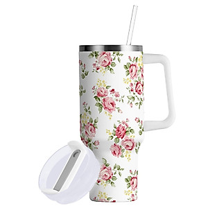 Joisal Rose Flower Floral Coffee Tumbler 40 Oz Coffee Cups with Handle and Straw Lid