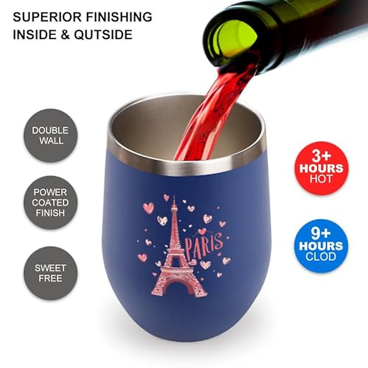 Paris France Eiffel Tower Souvenir Insulated Wine Tumbler with Lid Stainless Steel Travel Mug Coffee Cup for Cold & Hot Drinks