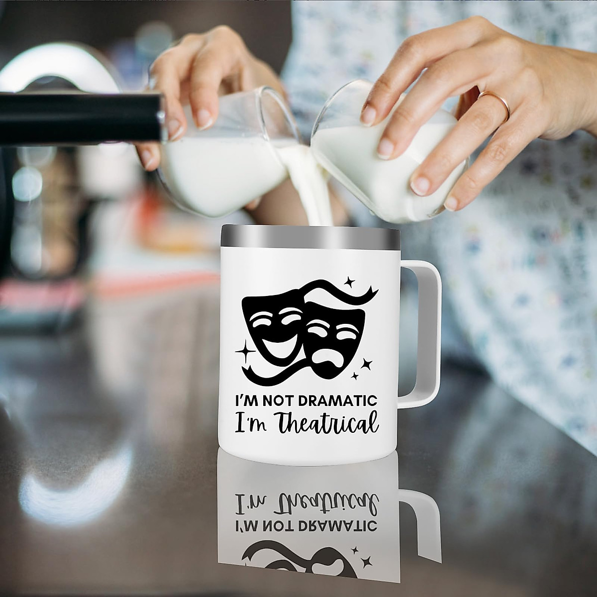 WFSJRED Theater Gifts 12 oz Insulated Mug for Coffee Mug with Leak-Resistant closeable hot lid for hot Drinks with Handle Broadway Gifts for Musicians (DRAMATIC)