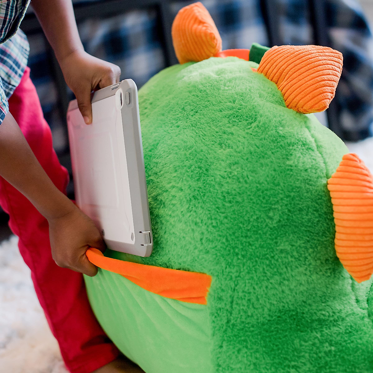 Soft Landing | Nesting Nooks | Soft and Cuddly Portable Back Rest and Reading Pillow with Storage Pocket – Dino 23 x 15 x 14 inches