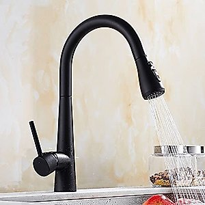 Kitchen Sink Faucet for Bar Farmhouse Commercial, Pull Out Kitchen Tap, Single Handle Kitchen Faucet Mixer, Single Hole 360 Rotate Copper Chrome/Black Swivel Sink Mixer Tap (Color : Black)