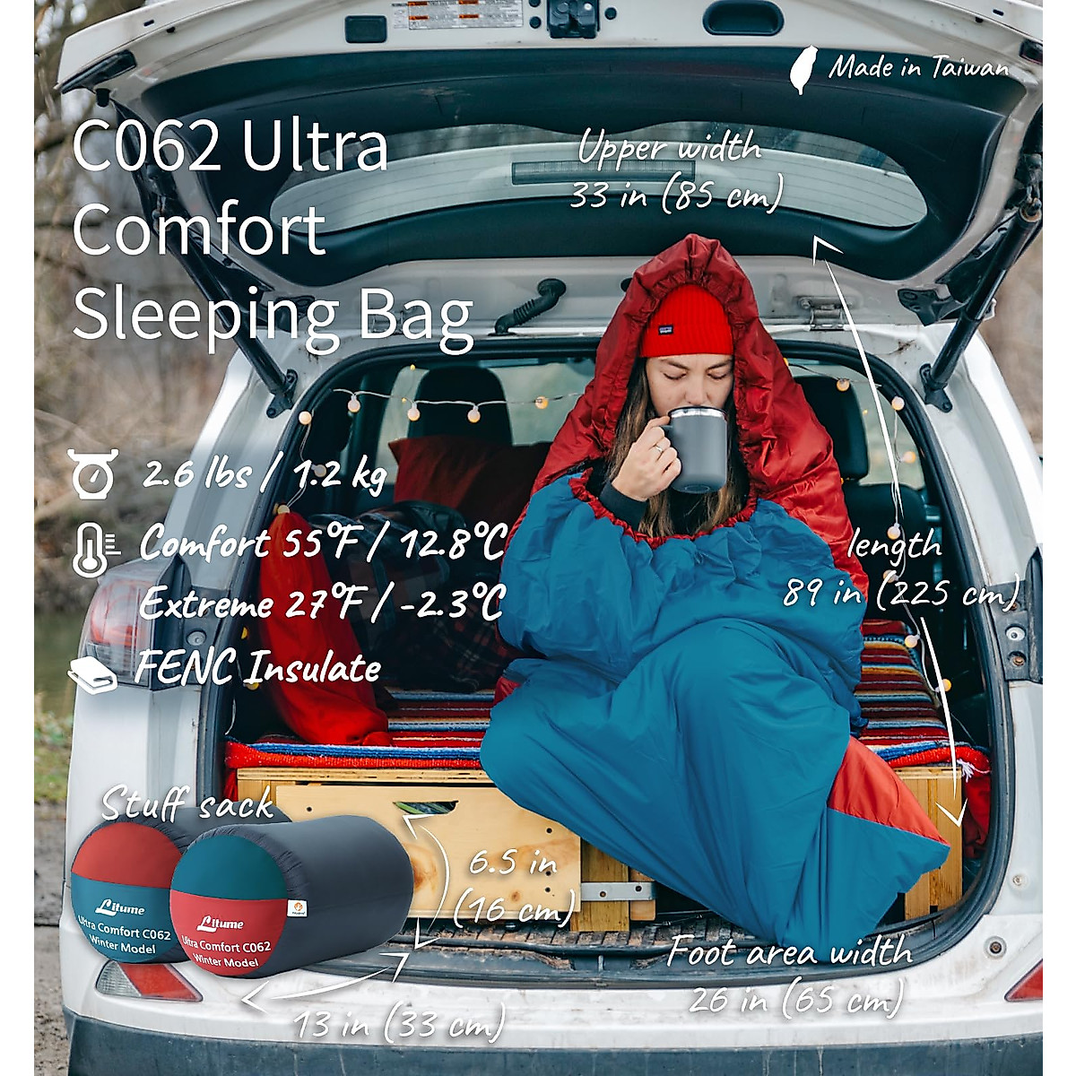 Litume Compact Velvet Lined Sleeping Bag, Lightweight Three Season Sleeping Bag, Water Repelling Sack for Warm and Cold Weather, Comfortable, Backpacking, Hiking, Camping, Traveling(Harbor Blue)