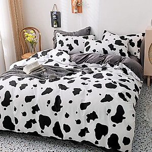 Mengersi Cow Print Duvet Cover Set,Velvet Duvet Cover Warm Fluffly Bedding Sets,Milk Cow Reversible Solid Bedding Collections Soft for Kids Boys Girls Twin Size
