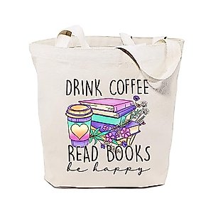 GXVUIS Drink Coffee Read Books Be Happy Canvas Tote Bag for Women Aesthetic Reusable Grocery Shopping Bags Gifts for Girls White