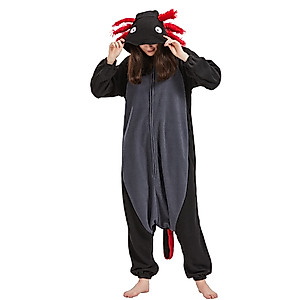 DELEY Unisex Axolotl Onesie Pajamas Cosplay Adult Animal Costume Plush Homewear Sleepwear Jumpsuit Black Axolotl
