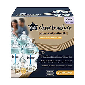 Tommee Tippee Anti-Colic Baby Bottles, Slow Flow Breast-Like Nipple and Unique Anti-Colic Venting System, 9oz, 4 Count, Clear