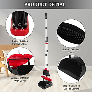 Broom with Dustpan Combo Set,UDUK 51'' Long Handle Broom with Standing Dustpan for Home, Heavy Duty Broom and Dustpan Set with Lid and Cleaning Teeth, Ideal for Pet Store Kitchen Indoor Outdoor (Red)