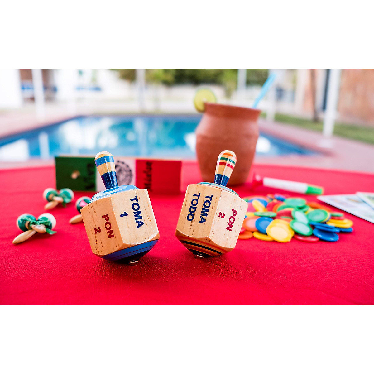 Pirinola Toma Todo Set – Wood Spinning Top Game – Set of 2 - Kids and Adults Party Games for Mexican Fiesta, Bachelor Parties or Baby Shower, 4 Inches Tall