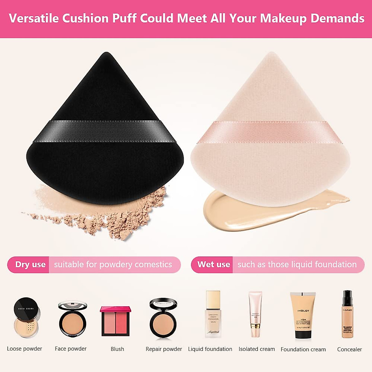 AUAUY 6 PCS Powder Puffs, Pure Cotton Soft Triangle Wedge Makeup Powder Puff for Loose Powder Mineral Powder Body Powder Cotton Velour Cosmetic Foundation Sponge Makeup Tool (3 Black + 3 Skin Colors)
