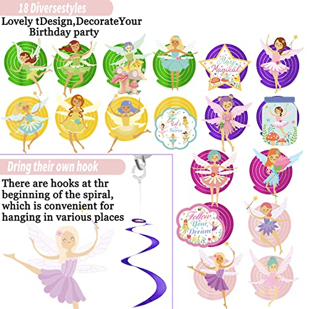 20Pcs Fairy Hanging Swirls Fairy Hanging Decoration for Birthday Party for Girls Fairy Birthday Party Supplies Fairy Baby Shower Decorations Wedding Bridal Shower Supplies