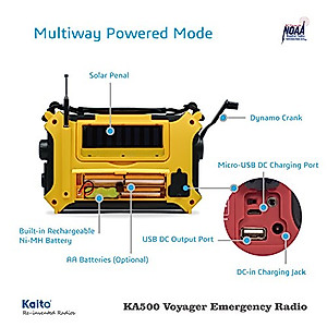 Kaito KA500 5-way Powered Solar Power,Dynamo Crank, Wind Up Emergency AM/FM/SW/NOAA Weather Alert Radio with Flashlight,Reading Lamp and Cellphone Charger, Yellow