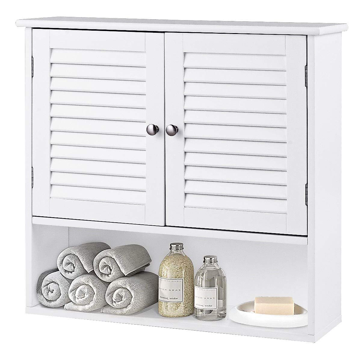 GOFLAME Bathroom Cabinet Wall Mounted, Wood Medicine Cabinet Storage Organizer with 2 Doors and 1 Shelf, Wall Cabinet with Adjustable Shelf, Simple and Modern Style, White