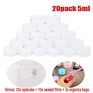 Wopanxye 20pcs 5g Small Travel Sample Cosmetic Containers for Make-up Eye Shadow Nails Lotion Powder Gems Beads Jewelry Cream, 5ml Clear Round Pot Jars with White Lid， Mini 5ml Plastic Sample Jars