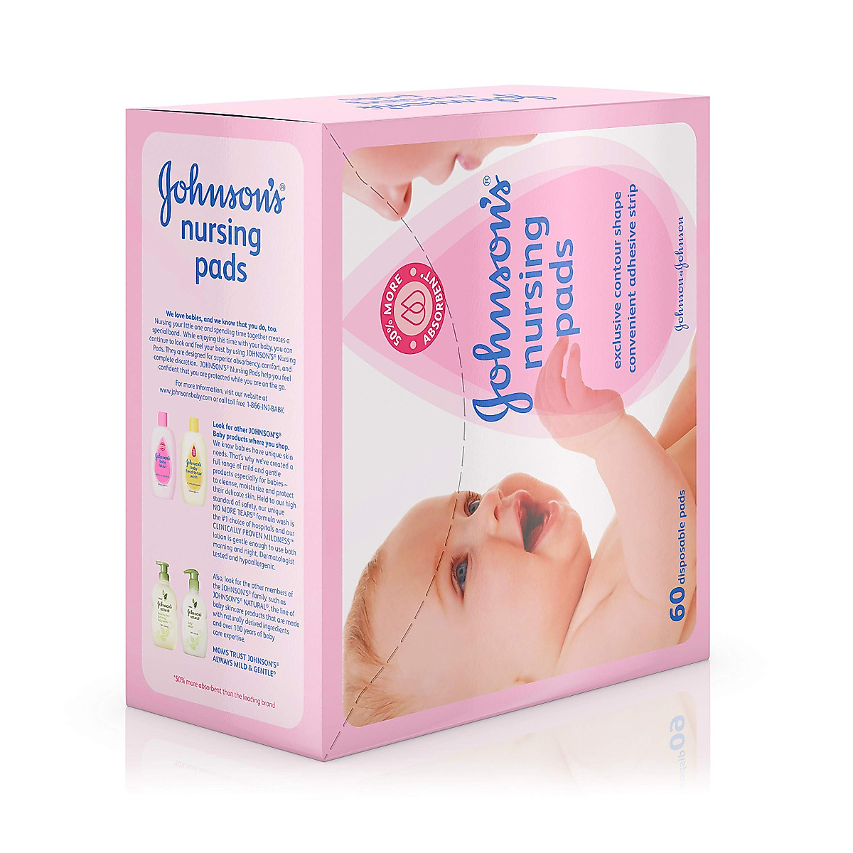 Johnson's Disposable Nursing Pads with Natural Cotton, Super Absorbent, Comfortable, and Breathable, Natural Contour Shape, 60 ct ( Pack of 2)