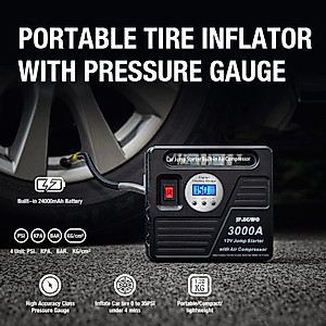 JF.EGWO 3000Amp Car Jump Starter with Air Compressor, 150PSI Tire Inflator with Digital Screen Pressure Gauge, 24000mAh 12V Auto Battery Booster (9.0L Gas/ 8.5LDiesel Engine), 2 USB Port 2 Light