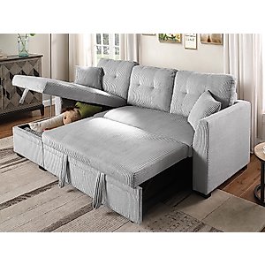 BEEY Small Sleeper Sofa, 82" Convertible L Shaped Couch with Pull Out Bed and Storage Chaise, Corduroy Sectional Sofa Bed for Bedroom, Living Room, Apartment, Light Grey
