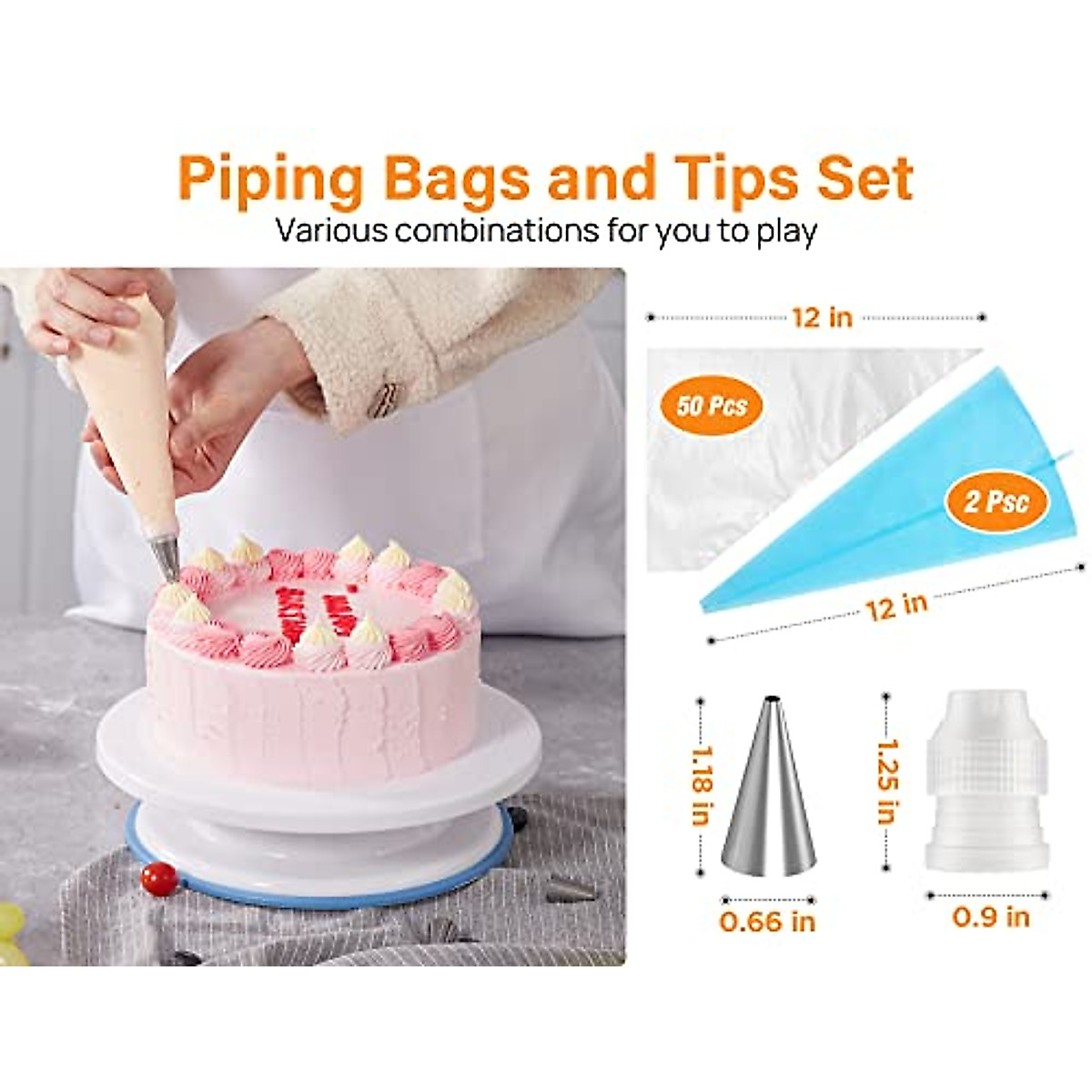 Kootek 71PCs Cake Decorating Supplies Kit, Cake Decorating Set with Cake Turntable, 12 Numbered Icing Piping Tips, 2 Spatulas, 3 Icing Comb Scraper, 50+2 Piping Bags, and 1 Coupler for Baking