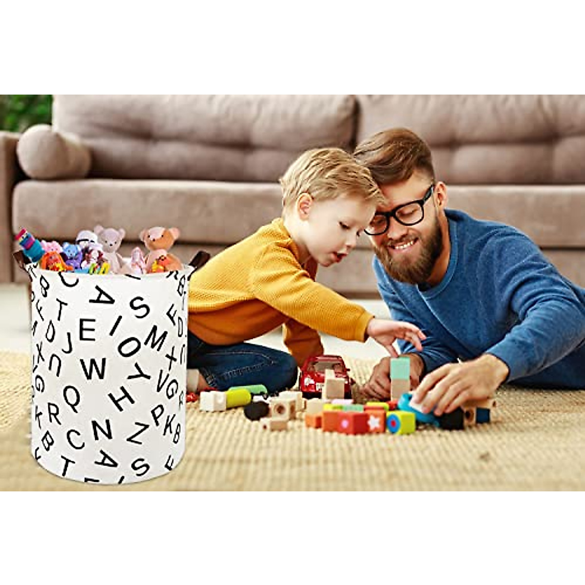 HIYAGON Large Sized Canvas Storage Baskets with Handle,Collapsible & Convenient Home Organizer Containers for Toys Storage,Baby Clothing(Letter)