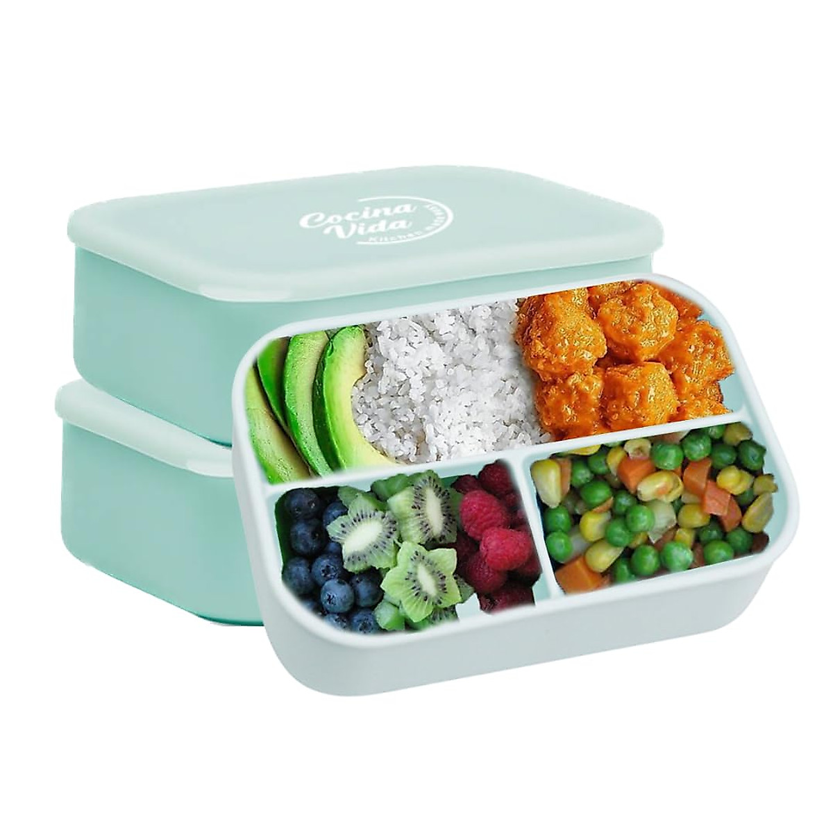 Cocina Vida 2 Pack Large Divided Food Storage and Meal Prep Containers - BPA Free Bento Box - Food Grade Silicone Lunch Box, 3 Compartment Leak Proof - 48 Ounce/1400 ml