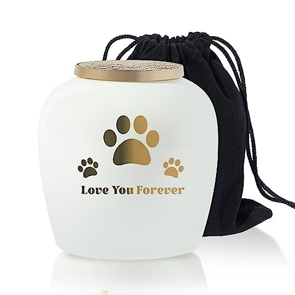 KofarZon Ceramic Small Urn for Pet Ashes, Paw Print Funeral Memorial Keepsake for Small Animal Cats Dogs Rabbits Hamsters Birds Tortoise with Keychain and Bag – Love You Forever (White, 12 CU in)