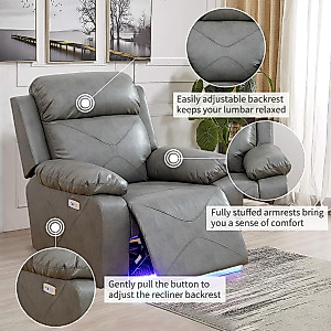 Caberryne Power Recliner Sofa Set with LED Lights，Leather Reclining Chair with USB Port for Living Room Furniture Set,Leather Recliner Chair for House/Home Theater(Chair 1 Piece，Grey)