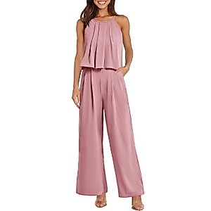 PRETTYGRADEN Women's Casual Summer Sleeveless Jumpsuit Halter Neck Wide Leg Pants Rompers One Piece Outfits (Pink,Medium)
