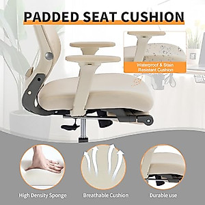 Foldable Ergonomic Office Chair with Footrest, High Back Computer Chair with 2D Headrest, Mesh Back, Sponge Seat, Adjustable Lumbar Support, 2D Armrest, Home Office Desk Chair, Cream