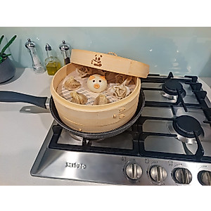 Bold Living 10 Inch Bamboo Steamer Basket, 2 Tier Natural Sustainable Food Cooker for Dumplings, Vegetables, Tamales, Seafood, Bao Buns with 2 Reusable Nonstick Liners, 2 Pair Chopsticks, 1 Sauce Dish