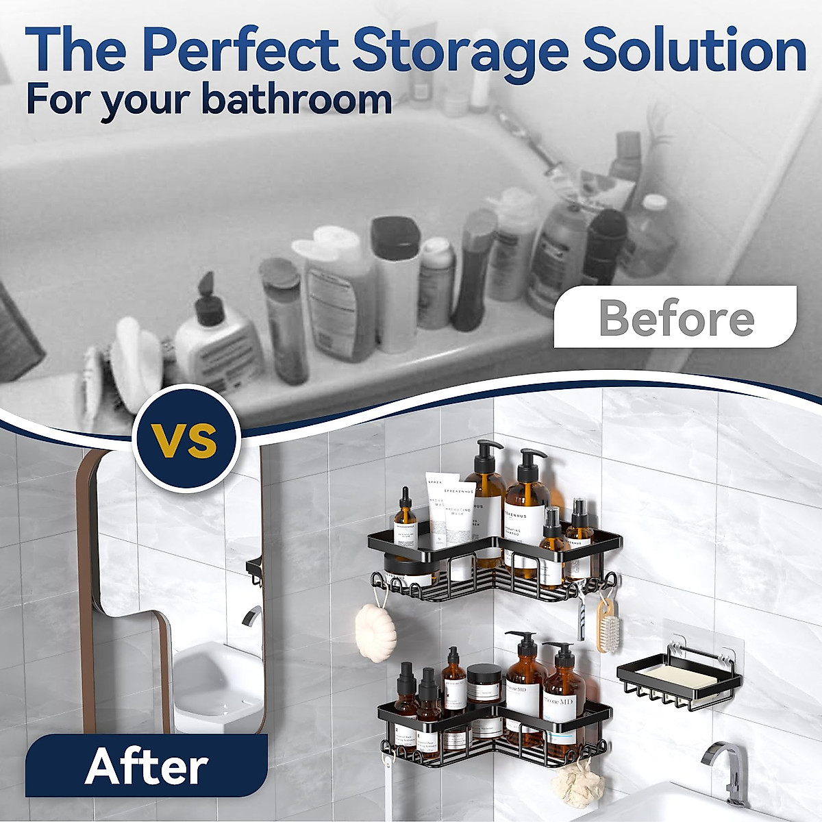 YASONIC Corner Shower Caddy, 3-Pack Adhesive Shower Caddy with Soap Holder and 12 Hooks, Rustproof Stainless Steel Bathroom Shower Organizer, No Drilling Wall Mounted Shower Rack, for Bathroom, Black