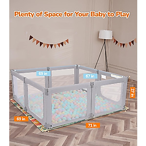 Dripex Foldable Baby Playpen, 71"×69" Play Pens for Babies and Toddlers, Safe Anti-Fall Play Yard with Gates, Baby Fence with Breathable Mesh, Indoor & Outdoor Kids Activity Center, Ash Grey