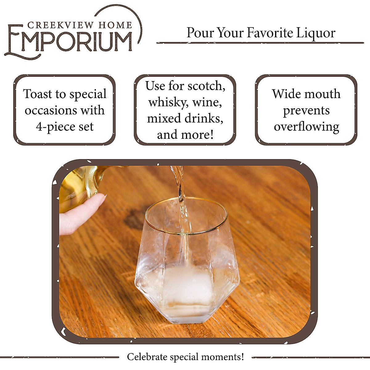 Creekview Home Emporium Scotch Glass Set - Diamond Designed 4pc Clear Whiskey Glasses with Gold Rim for Special Events