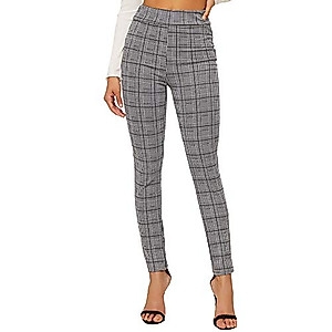 SweatyRocks Women's Casual Skinny Leggings Stretchy High Waisted Work Pants Black White Plaid Medium
