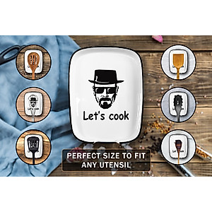 Hvukeke Ceramic Spoon Rest for Kitchen Stove Top Counter, Funny Let's Cook White Spoon Holders for Chef, Modern Farmhouse Kitchen Cute Decor