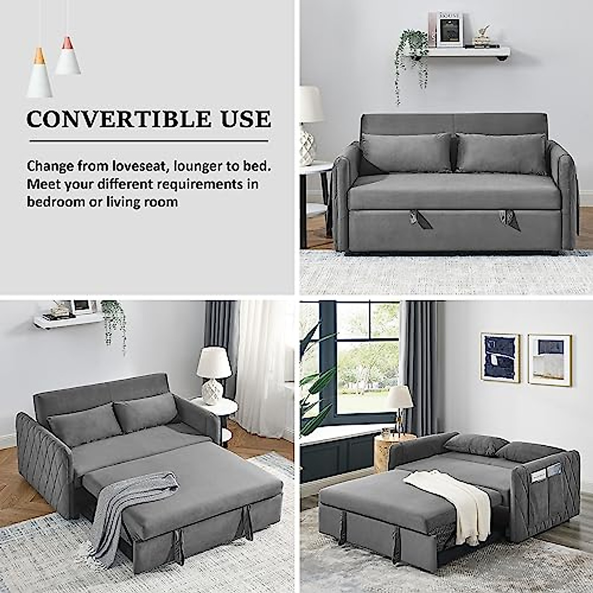 Ucloveria Sleeper Sofa Bed, Pull Out Couch Bed with 2 Detachable Arm Pockets, Adjustable Velvet Loveseat Futon Sofa Couch for Living Room Bedroom, 55" 2-Seater Lounge Sofa, Grey